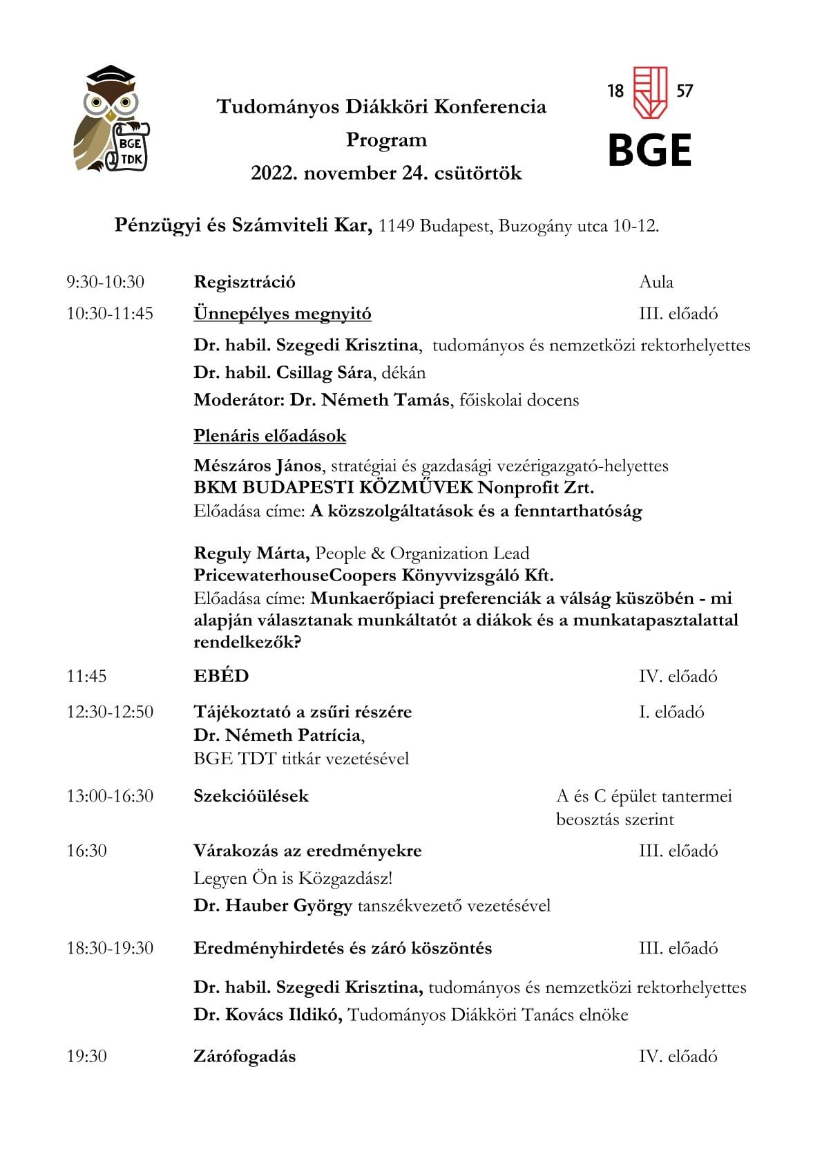 2022. évi BGE TDK - rövid program - Budapesti Gazdasági Egyetem